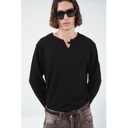 Unifarbenes Crew-Neck Langarm-T-Shirt mit Kn&ouml;pfen