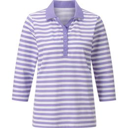 CR&Eacute;ATION L Damen Poloshirt mit kurzer Knopfleiste lavendel-wei&szlig;-geringelt Gr&ouml;&szlig;e 50