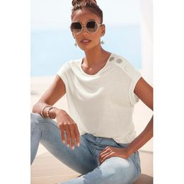 Buffalo Kurzarmshirt beige Gr. 36/38 f&uuml;r Damen. Rundhals und Zierkn&ouml;pfe. Figurumspielend. Nachhaltig.