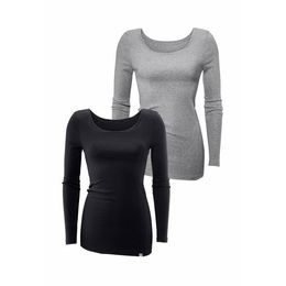 Bench. Langarmshirt 'aus feiner Rippware' mehrfarbig Gr. 32/34 f&uuml;r Damen. Tiefer Rundhals und Badge. Figurbetont. Nachhaltig.