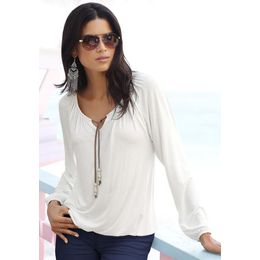s.Oliver Langarmshirt 'mit Bindeband in Lederoptik am Ausschnitt, Boho-Style' beige Gr. 44/46 f&uuml;r Damen. Mit V-Ausschnitt. Figurumspielend