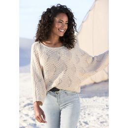 Lascana Fledermauspullover 'mit aufwendigem Strickmuster, Lochstrickmuster' beige Gr. 40/42 f&uuml;r Damen. Mit U-Boot-Ausschnitt. Figurumspielend