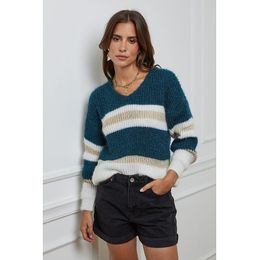 L'armoire de Suzette Pullover in Petrol/ Wei&szlig; - 74% | Gr&ouml;&szlig;e 34/36 | Damen-pullover-cardigans
