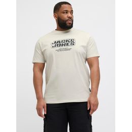 Jack & Jones PlusSize Print-Shirt "JCOLIDO AOP FRONT PRINT TEE SS CRE PLS", Herren, Gr. 5XL, beige (sweet corn), Jersey, Obermaterial: 100% Baumwolle, JACK & JONES PLUSSIZE, bedruckt, regular fit taillenbedeckt, Rundhals, gerader Abschluss, Shirts, mit Logo Print