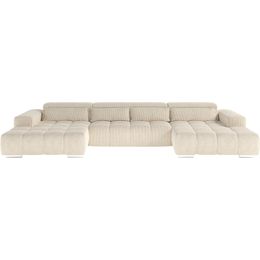 Wohnlandschaft COTTA "Orion U-Form, B: 400 cm", ivory, B:400cm T:186cm, 88% POLYESTER (PES) 12% POLYAMID (PA), Sofas, Wohnlandschaft, Kopfteilverstellung & 4 Kissen, optional elektr. Sitztiefenverstellung