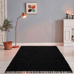 Teppich Theko "Happy Cotton Fleckerl, handgewebt", schwarz, B:90cm H:5mm L:160cm, Baumwolle, Teppiche, Teppich, Flachgewebe, reine Baumwolle, meliert, mit Fransen, auch als L&auml;ufer