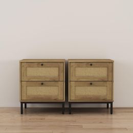 Nachtkommode OTTO HOME "Motala Schlafzimmerschrank Garderobe Boho Eichen-Design", eichefarben, B:48cm H:57cm T:40cm, Sideboards, Nachttisch Set mit je 2 Schubladen mit wiener Geflecht optik