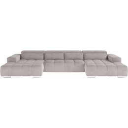 Wohnlandschaft COTTA "Orion U-Form, B: 400 cm", stone, B:400cm T:186cm, 100% POLYESTER (PES), Sofas, Wohnlandschaft, Kopfteilverstellung & 4 Kissen, optional elektr. Sitztiefenverstellung