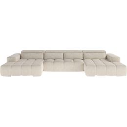 Wohnlandschaft COTTA "Orion U-Form, B: 400 cm", beige, B:400cm T:186cm, 100% POLYESTER (PES), Sofas, Wohnlandschaft, Kopfteilverstellung & 4 Kissen, optional elektr. Sitztiefenverstellung