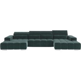 Wohnlandschaft COTTA "Orion U-Form, B: 400 cm", hunter, B:400cm T:186cm, 88% POLYESTER (PES) 12% POLYAMID (PA), Sofas, Wohnlandschaft, Kopfteilverstellung & 4 Kissen, optional elektr. Sitztiefenverstellung