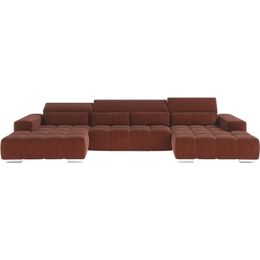 Wohnlandschaft COTTA "Orion U-Form, B: 400 cm", cinnamon, B:400cm T:186cm, 88% POLYESTER (PES) 12% POLYAMID (PA), Sofas, Wohnlandschaft, Kopfteilverstellung & 4 Kissen, optional elektr. Sitztiefenverstellung