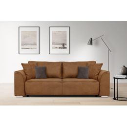 3-Sitzer Inosign "BEATRICE, B: 250 cm - wahlweise mit Bettfunktion", gelb (curry), B:250cm H:92cm T:107cm, Sofas, u. Bettkasten, incl. 2 Zierkissen