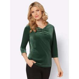 3/4-Arm-Shirt Classic Basics "Samtshirt", Damen, Gr. 44, gr&uuml;n (moos), 95% Polyester, 5% Elasthan, unifarben, herzf&ouml;rmiger Ausschnitt, Shirts 3/4-Arm-Shirt