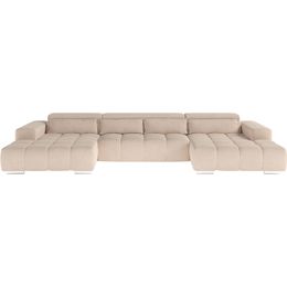 Wohnlandschaft COTTA "Orion U-Form, B: 400 cm", nature, B:400cm T:186cm, 96% POLYESTER (PES) 4% POLYAMID (PA), Sofas, Wohnlandschaft, Kopfteilverstellung & 4 Kissen, optional elektr. Sitztiefenverstellung