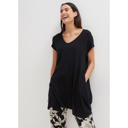 Longshirt bonprix, Damen, Gr. 36/38 (S), schwarz, Jersey, Obermaterial: 95% Viskose, 5% Elasthan, unifarben, A-Linie ca. Mitte Oberschenkel, tiefer Rundhals, Shirts Longshirt, A-Linie Passform, mit Eingrifftaschen, tiefer Rundhalsausschnitt