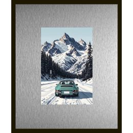 Bild queence "Trend Wandbild, Wandkunst, Kunstdruck "St. Motitz im Winter", silber (farbe rahmen: schwarz, farbe bild(er): silber), B:50cm H:40cm T:1,5cm, Aluminium, Bilder, Bild, inkl. Passepartout aus hochwertigem Aluminium und schwarzem Rahmen