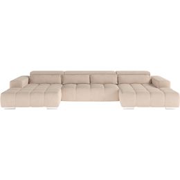 Wohnlandschaft COTTA "Orion U-Form, B: 400 cm", nature, B:400cm T:186cm, 96% POLYESTER (PES) 4% POLYAMID (PA), Sofas, Wohnlandschaft, Kopfteilverstellung & 4 Kissen, optional elektr. Sitztiefenverstellung