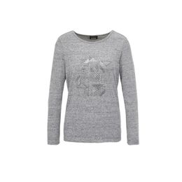 Kurzarmshirt GOLDNER "Kurzgr&ouml;&szlig;e Jerseyshirt mit grafischem Motiv", Damen, Gr. 25, grau (silbergrau, melange), Obermaterial: 95% Polyester PES. 5% Elasthan EL., U-Boot-Ausschnitt, Gerade, Shirts, Applikationen