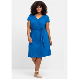 Jerseykleid sheego "Jerseykleid", Damen, Gr. 44, Normalgr&ouml;&szlig;en, blau (kobaltblau), 95% Viskose, 5% Elasthan, unifarben, knielang, V-Ausschnitt, Kleider Jerseykleid