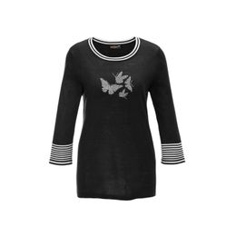Rundhalspullover GOLDNER "Kurzgr&ouml;&szlig;e Herbstpullover mit Schmetterlingsprint", Damen, Gr. 19, schwarz-wei&szlig; (schwarz, wei&szlig;), Obermaterial: 100% Polyacryl PAN., weit Sonstiges, Pullover Rundhalspullover, geringelte &Auml;rmelabschl&uuml;sse