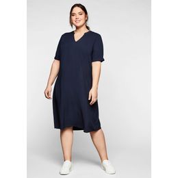 Sommerkleid sheego "Sommerkleid", Damen, Gr. 40, Normalgr&ouml;&szlig;en, blau (marine), 100% Viskose, unifarben, knielang, Rundhals, Kleider Sommerkleid