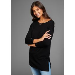 Longpullover Laura Scott, Damen, Gr. 36, schwarz, Strick, Obermaterial: 70% Viskose, 30% Polyamid, clean, unifarben, l&auml;ssig geschnitten h&uuml;ftbedeckend, Rundhals, Pullover Longpullover, mit Schn&uuml;rung am &Auml;rmel und U-Boot Ausschnitt