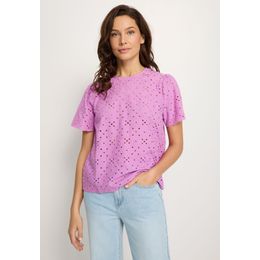 Kurzarmbluse Lascana, Damen, Gr. 34, blau (violett), Web, Obermaterial: 100% Baumwolle, unifarben, figurumspielend h&uuml;ftlang, Rundhals, Blusen, mit Lochstickerei, Damenbluse, casual-elegant