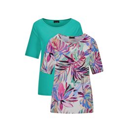 Kurzarmshirt GOLDNER "Elegantes Shirt-Duo mit Muster-Mix", Damen, Gr. 38, blau (t&uuml;rkis, t&uuml;rkis, gemustert), Obermaterial: 95% Viskose CV. 5% Elasthan EL., gerade, U-Boot-Ausschnitt, Shirts, stretchbequemer Viskosejersey