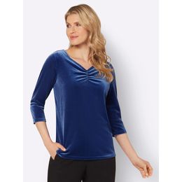 3/4-Arm-Shirt Classic Basics "Samtshirt", Damen, Gr. 44, blau (royalblau), 95% Polyester, 5% Elasthan, unifarben, herzf&ouml;rmiger Ausschnitt, Shirts 3/4-Arm-Shirt