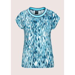 Madeleine Mode Kurzarmshirt MADELEINE "Shirt Modernes Batikshirt mit Ringel-Details, Kurzarm", Damen, Gr. 34, wei&szlig; (wollwei&szlig;, bleu, multicolor), Obermaterial: 95% Viskose CV. 5% Elasthan EL., Modern, tailliert, Shirts, Ringel am Ausschnitt