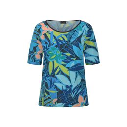 Kurzarmshirt GOLDNER "Kurzgr&ouml;&szlig;e Druckshirt mit floralem Print", Damen, Gr. 20, blau (blau, gr&uuml;n, gemustert), Obermaterial: 95% Viskose CV. 5% Elasthan EL., figurumspielend, U-Boot-Ausschnitt, Shirts, stretchbequemer Viskosejersey
