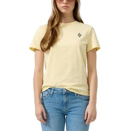 Kurzarmshirt QS, Damen, Gr. M (38), gelb, Jersey, Obermaterial: 100% Baumwolle, bestickt, unifarben, normal h&uuml;ftbedeckend, Rundhals, abgesteppte Kante, Shirts, mit feiner Stickerei