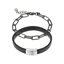 Armband MARC LAUDER "MS04BS", schwarz (schwarz, silber), Armb&auml;nder, Herren, 21cm/21cm, Edelstahl Leder, Edelstahl, Leder, Armband