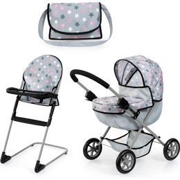Puppenwagen BAYER "Cosy Set, grau", grau, Puppenwagen, KinderB:66cm H:37cm T:60cm, Kunststoff, Metall, Stoff, mit Puppenhochstuhl und Wickeltasche, B:66cm H:37cm T:60cm