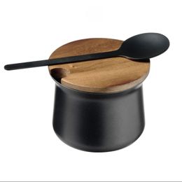 Zuckerdose APS "mit L&ouml;ffel - 18/8 Edelstahl/Akazienholz", schwarz, H:6,5cm &Oslash;:8cm, Akazienholz, Edelstahl, Lebensmittelaufbewahrungsbeh&auml;lter, Zuckerdose, &Oslash; 8 cm, H: 6,5 cm, 0,2 Liter, mit Antihaftbeschichtung