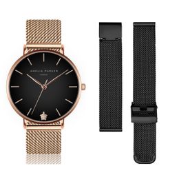 Quarzuhr AMELIA PARKER "SAA3-1", rose gold, schwarz, Armbanduhren, Damen, Quarzuhr