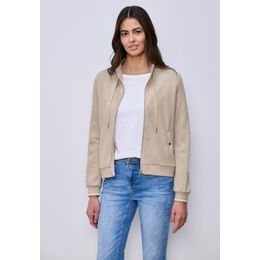 Cardigan Street One, Damen, Gr. 46, cotton beige, Web, 60% Baumwolle, 36% Polyester, 4% Elasthan, unifarben, comfort fit normal, hoch geschlossener Ausschnitt, Rippb&uuml;ndchen, Strickjacken, mit College-Style Details