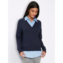 2-in-1-Pullover Heine "2-in-1-Pullover", Damen, Gr. 38, blau (marine, eisblau), 100% Baumwolle, Webware:50% Baumwolle, 50% Polyester, unifarben, Pullover