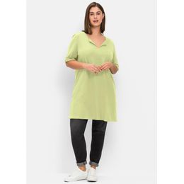 Longshirt sheego "Longshirt", Damen, Gr. 48/50, pistazie, 100% Baumwolle, unifarben, V-Ausschnitt, Shirts Longshirt
