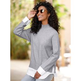 2-in-1-Pullover Heine "2-in-1-Pullover", Damen, Gr. 38, grau (grau, meliert), 50% Viskose, 28% Polyester, 22% Polyamid, Webware:100% Baumwolle, unifarben, Pullover