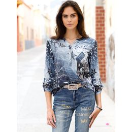 Langarmbluse Heine, Damen, Gr. 34, blau (jeansblau, steingrau, bedruckt), 100% Viskose, bedruckt, gemustert, mehrfarbig, Rundhals, Blusen
