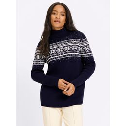 Strickpullover Heine "Pullover", Damen, Gr. 36, blau (marine, ecru, gemustert), 100% Baumwolle, gemustert, mehrfarbig, Pullover Strickpullover