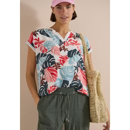Shirtbluse Cecil, Damen, Gr. L (42), light alabaster wei&szlig;, Web, Obermaterial: 100% Viskose, gebl&uuml;mt, gemustert, gestreift, l&auml;ssig geschnitten h&uuml;ftbedeckend, V-Ausschnitt, abgesteppte Kante kontrastfarben, Blusen, Sommershirt mit Split Neck und Printmix