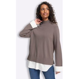 2-in-1-Pullover Heine "2-in-1-Pullover", Damen, Gr. 38, braun (taupe), 50% Viskose, 28% Polyester, 22% Polyamid, Webware:100% Baumwolle, unifarben, Pullover