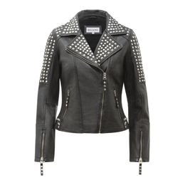 Bikerjacke RICANO "Lederjacke studd", Damen, Gr. M, grau, Obermaterial: 100% Lammnappaleder LANA. Futter: 100% Polyester PES., schmal, V-Ausschnitt, Jacken, Handgefertigt aus echtem Leder