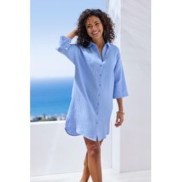 Beach Time Longbluse BEACHTIME, Damen, Gr. 34, blau, Web, Obermaterial: 100% Baumwolle, unifarben, figurumspielend ca. Mitte Oberschenkel, Blusen Longbluse, lange Hemdbluse aus Musselinware