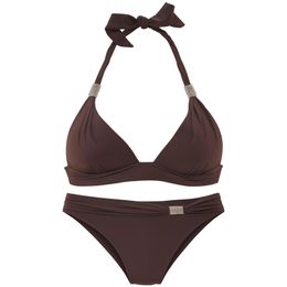 Triangel-Bikini Lascana, Damen, Gr. 34, Cup C, braun (dunkel braun), Obermaterial: 86% Polyamid, 14% Elasthan. Futter: 100% Polyamid, unifarben, Bikini-Sets Triangel-Bikini, mit Details aus Zierperlen