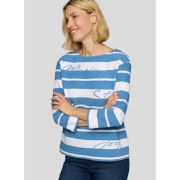 3/4-Arm-Shirt Rabe, Damen, Gr. 40, hellblau, Web, Obermaterial: 76% Baumwolle, 16% Polyester, 8% Elasthan, Glitzermuster, bedruckt, gestreift, regular fit taillenbedeckt, Rundhals, gerader Abschluss, Shirts 3/4-Arm-Shirt, Sommershirt mit Streifen und Glitzersteinen, Druck