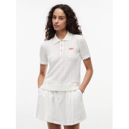 Kurzarmpullover Tommy Jeans "TJW POINTELLE POLO SWEATER", Damen, Gr. L (42/44), ancient wei&szlig;, Strick, Obermaterial: 50% Viskose, 28% Polyester, 22% Polyamid, unifarben, normal, Rundhals, Pullover, Viskosemischung, Pointelle Strickmuster, gewellte S&auml;ume