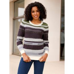 Rundhalspullover Classic Basics "Rundhals-Pullover", Damen, Gr. 42, bunt (aubergine, oliv, gemustert), 100% Polyacryl, gemustert, gestreift, mehrfarbig, Pullover Rundhalspullover